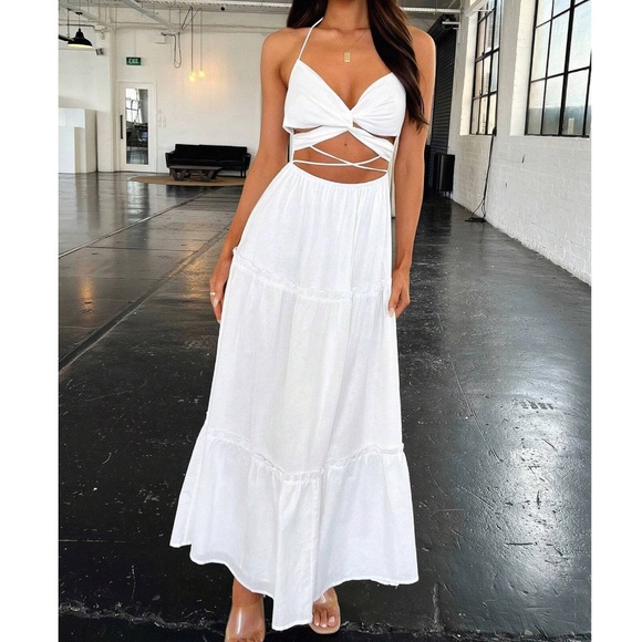 BellanBlue | Dresses | Boho White Ruffle Hem Cut Out Halter Backless ...